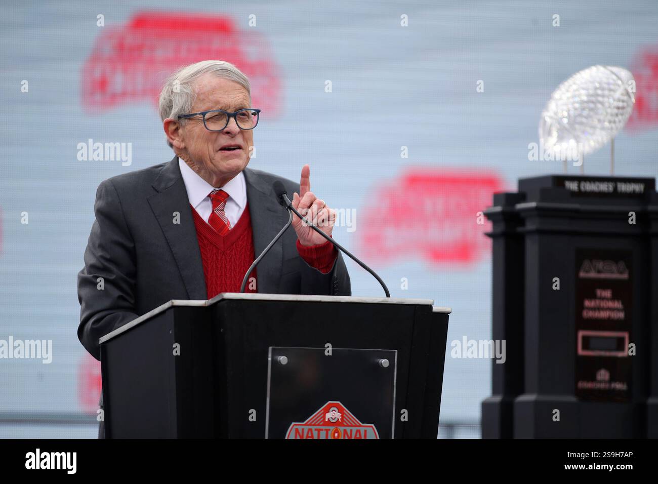 Ohio Gov. Mike DeWine speaks to the crowd gathered during the National ...