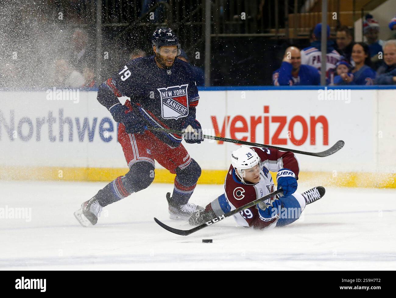New York Rangers defenseman K'Andre Miller (79) watches Colorado ...