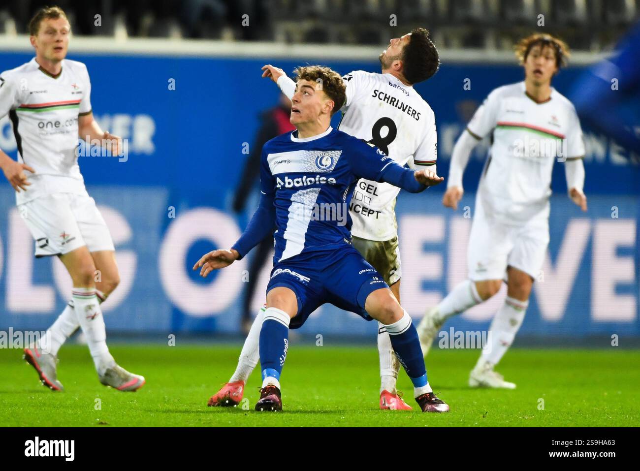 Gent's Mathias Delorge and OHL's Siebe Schrijvers pictured in action ...