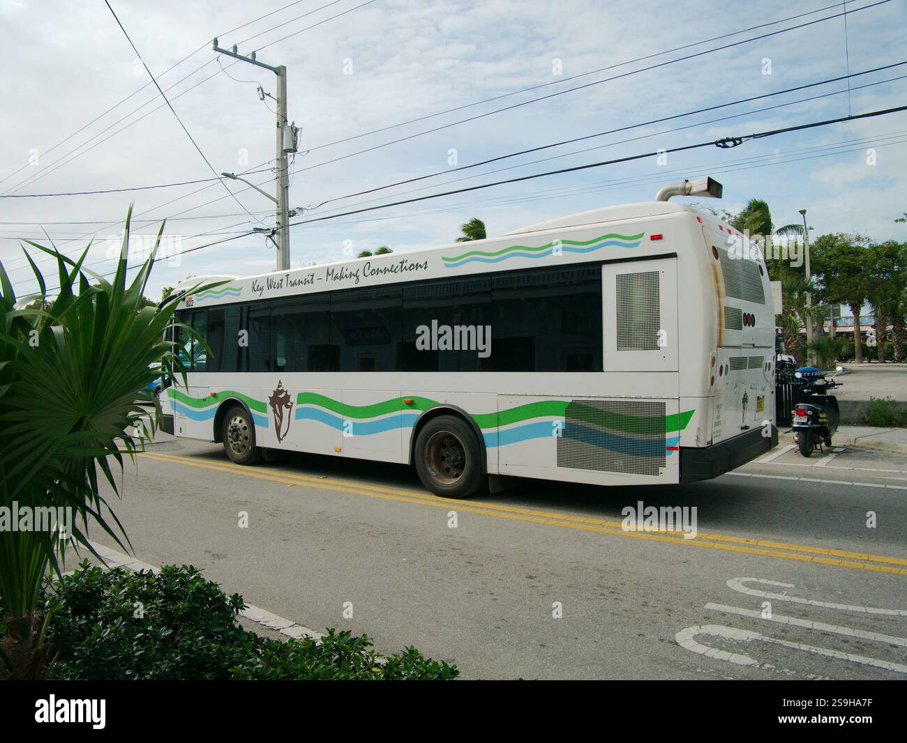 The Duval Loop free bus on the side of the street. Blue sky background ...