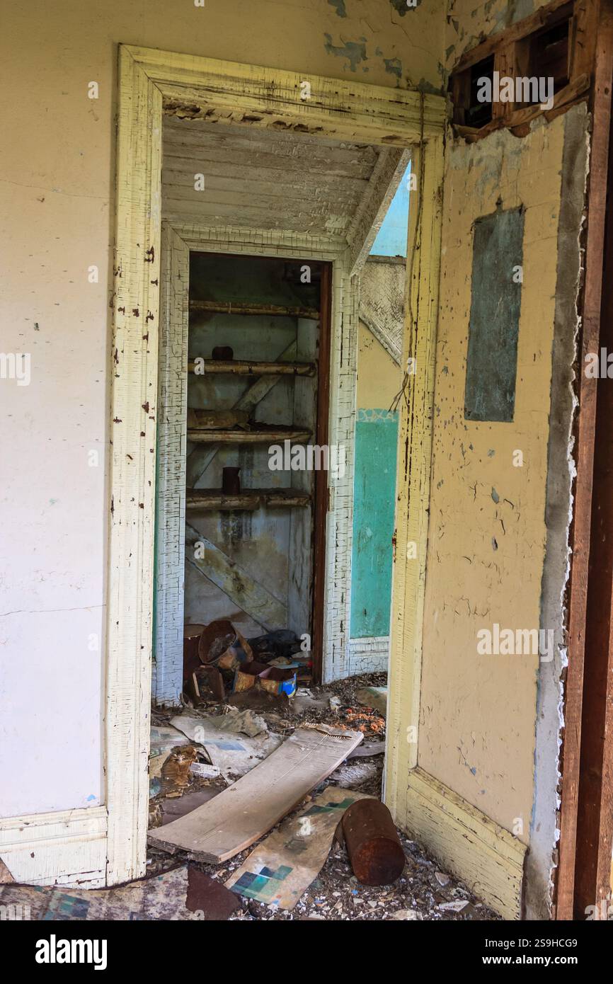 A room with a yellow door and a green wall. The door is open and the ...