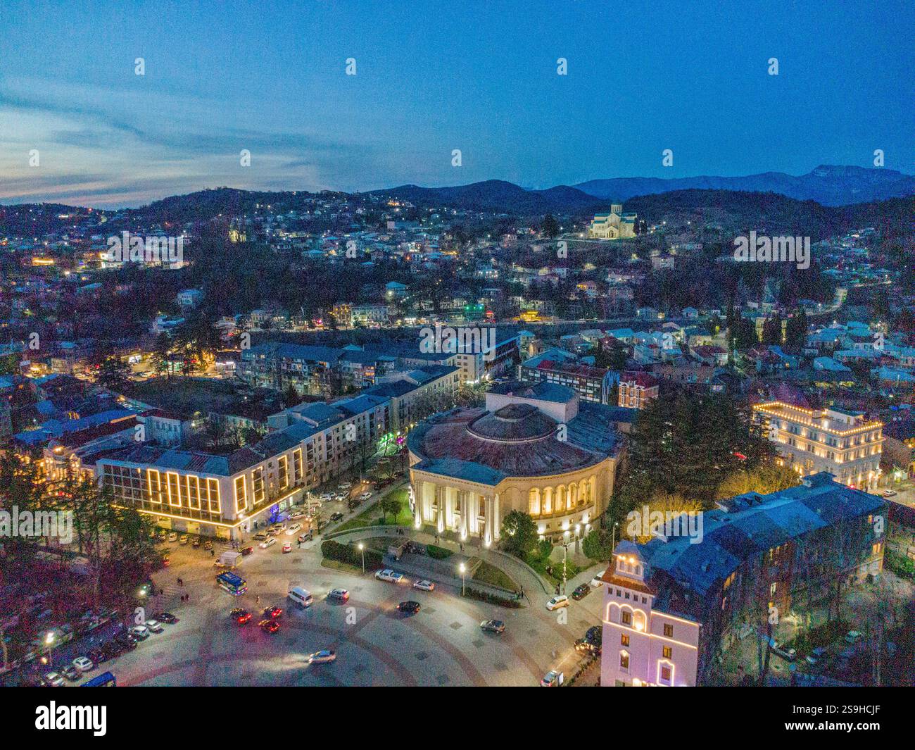 Drone view of the Amazing Colchis Square with illumination (theater ...