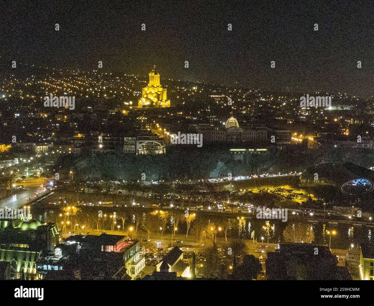 Drone point of view on night Tbilisi , and Holy Trinity Cathedral of ...