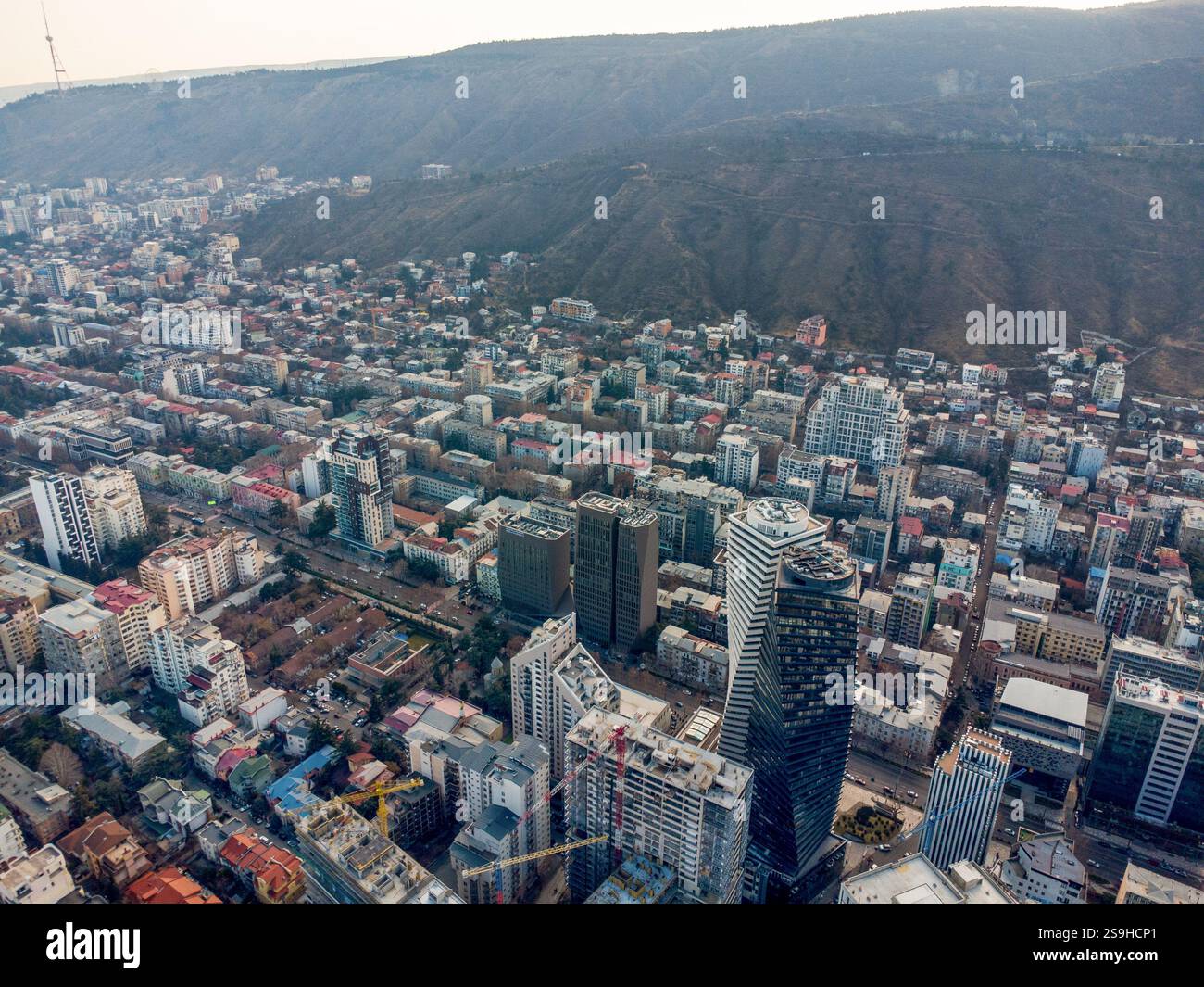Drone point of view -panorama of Tbilisi with Axis towers (147meters ...