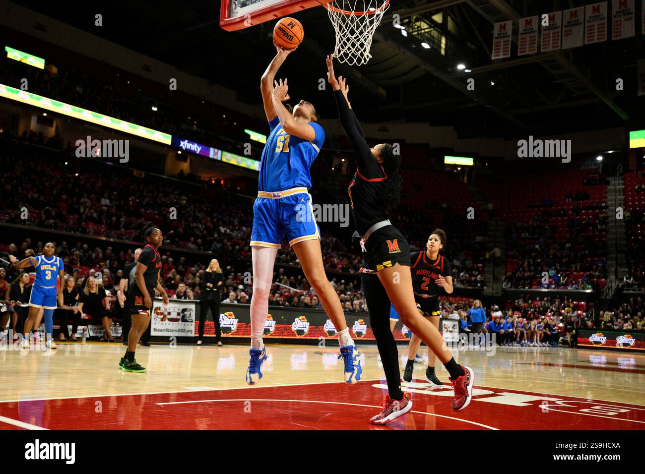 UCLA center Lauren Betts (51) shoots against Maryland forward Amari ...