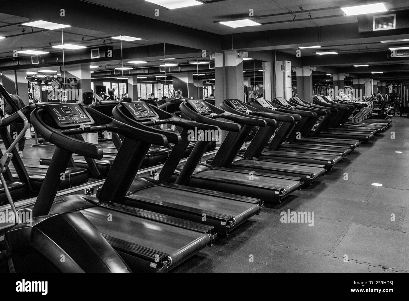 treadmills (Exercise machines) in a gym. Black and white filtering. A ...