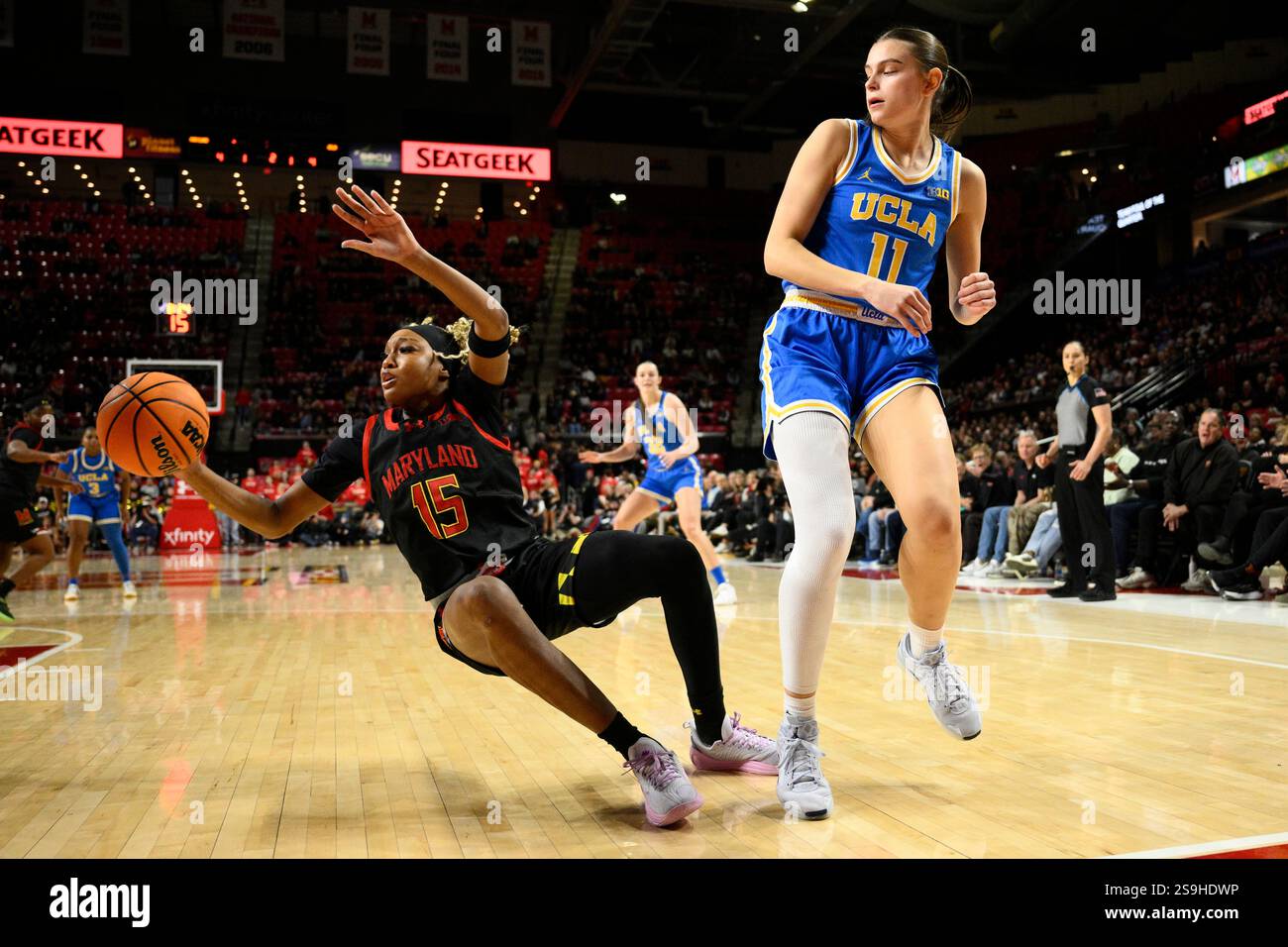Maryland forward Christina Dalce (15) falls after she was fouled by ...