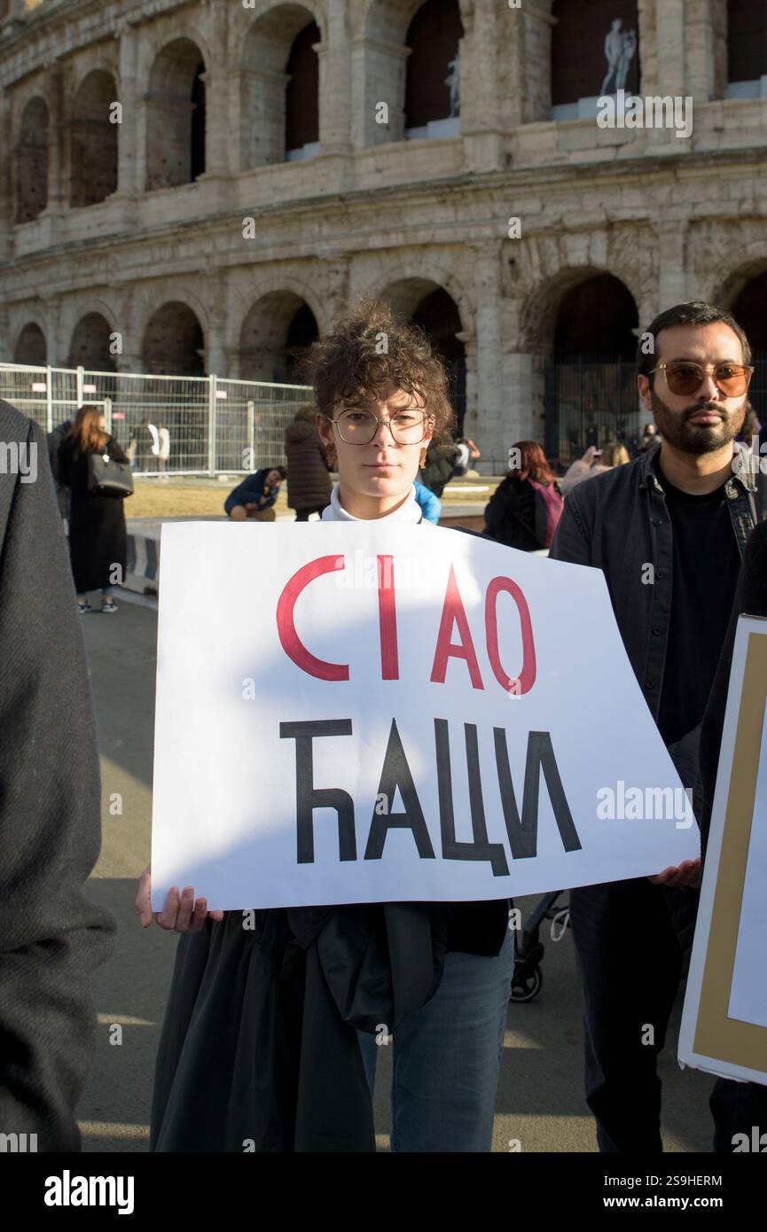 Rome, Italy. 26th Jan, 2025. A protester shows a solidarity sign during ...