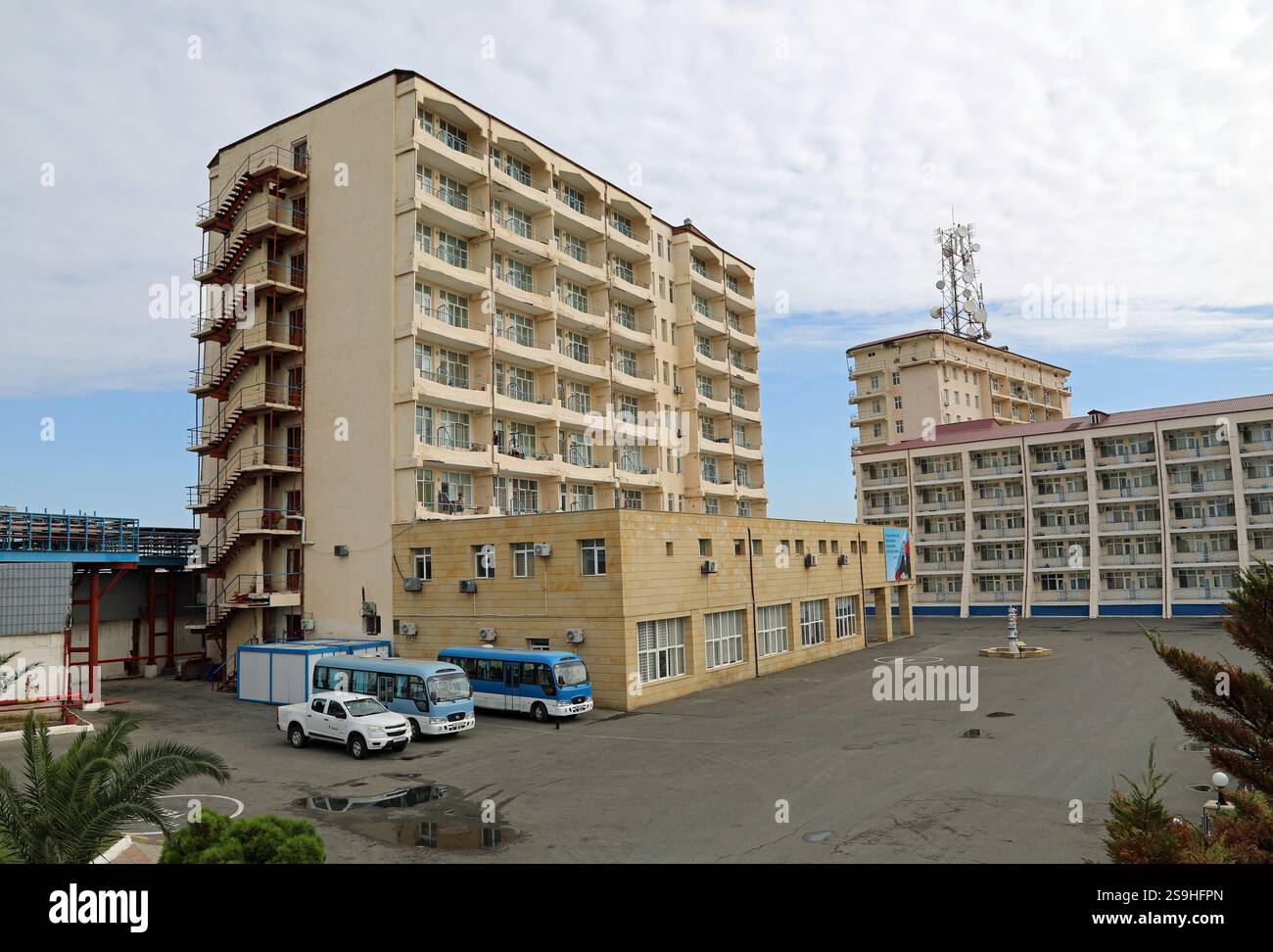 Soviet era buildings at the offshore oil platform of Neft Daslari in ...