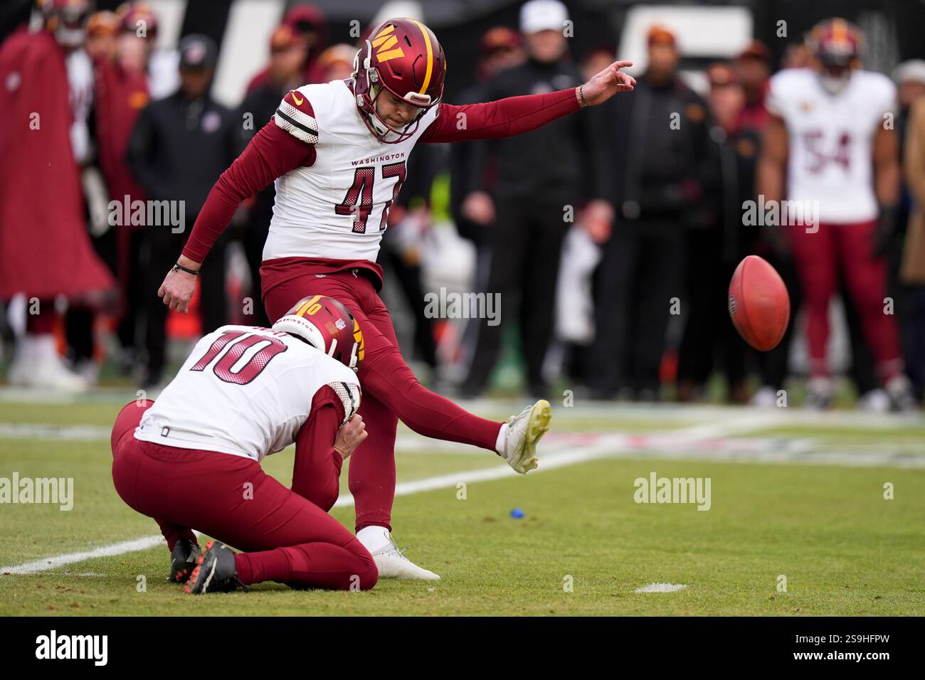Washington Commanders place kicker Zane Gonzalez kicks a field goal ...