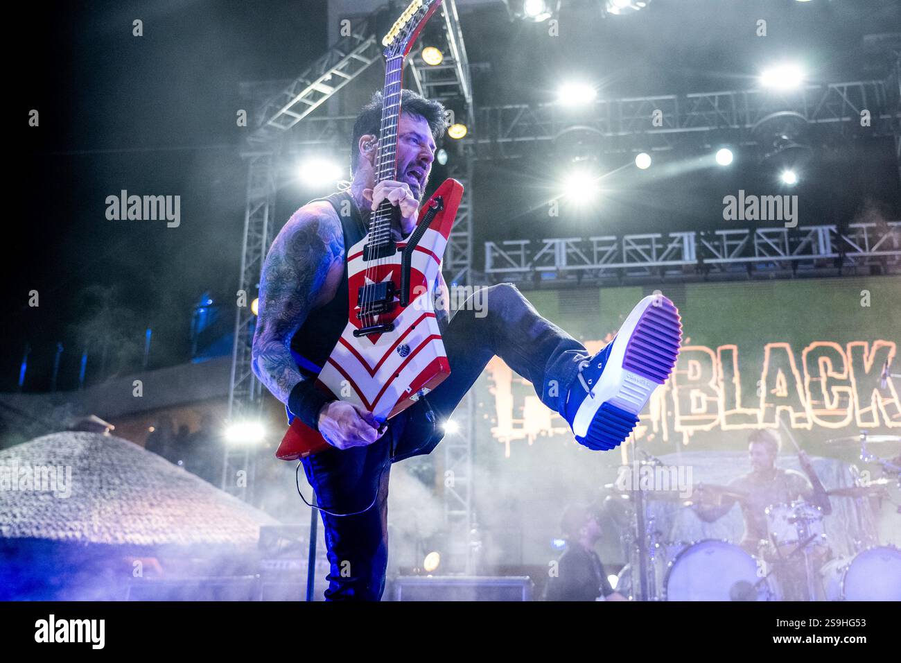 Jason Hook of FLAT BLACK performs on board the Carnival Magic during ...