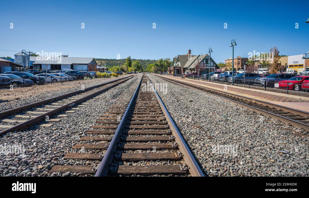 Flagstaff Arizona cityscape from low-angle perspective on railroad ...