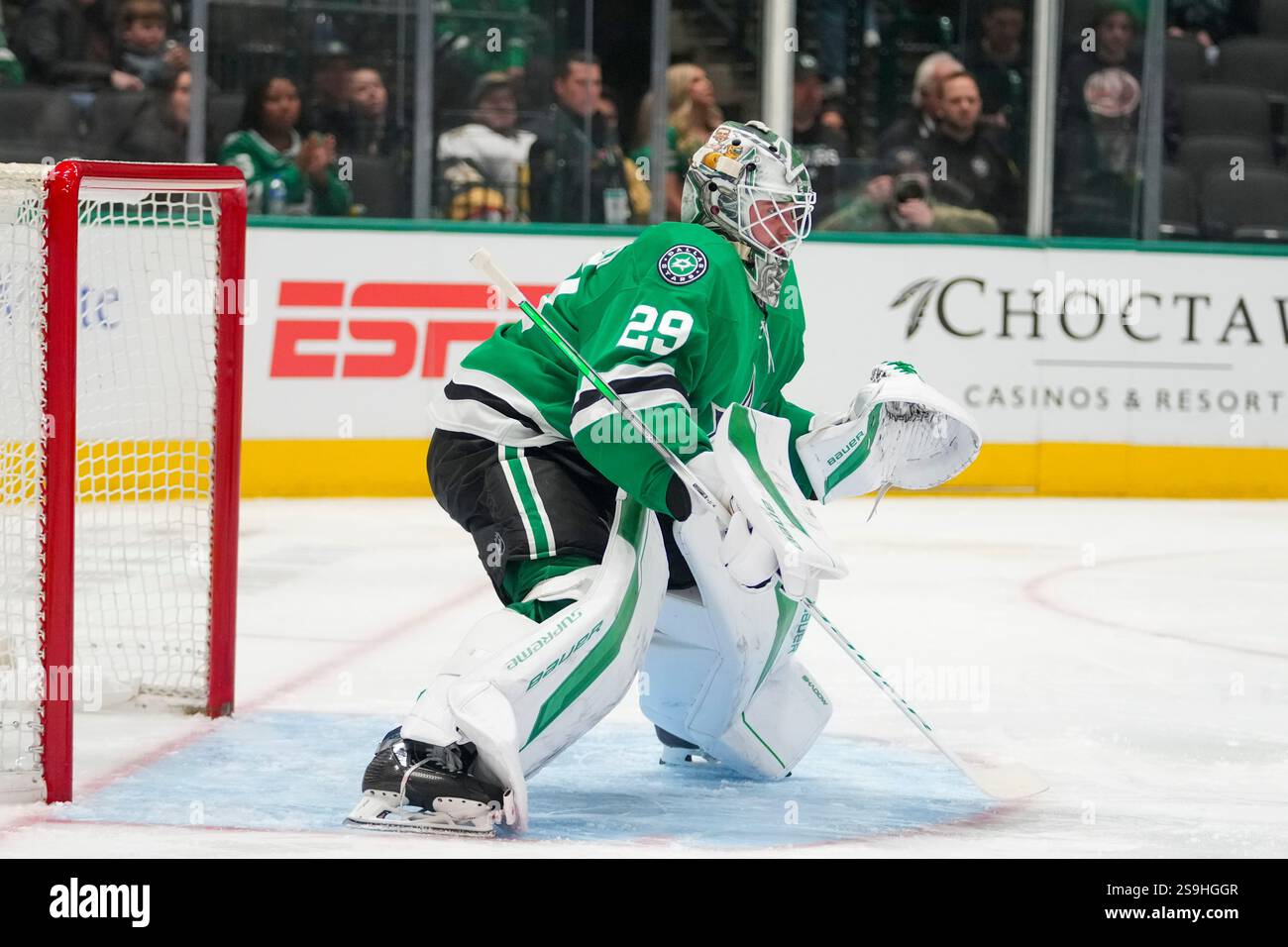Dallas Stars goaltender Jake Oettinger defends his net against the ...