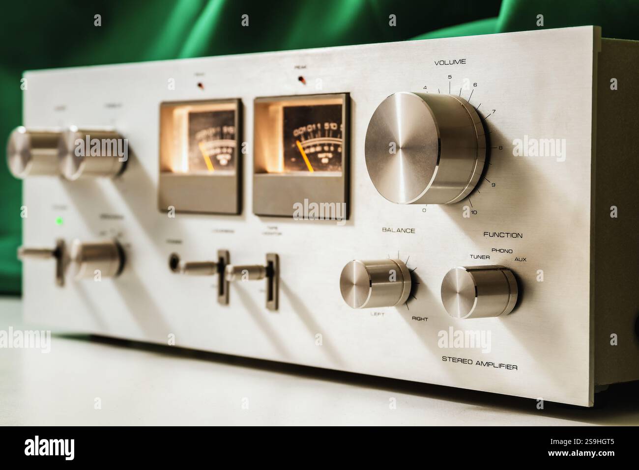 Vintage hi-fi stereo amplifier with power output meters and aluminum ...