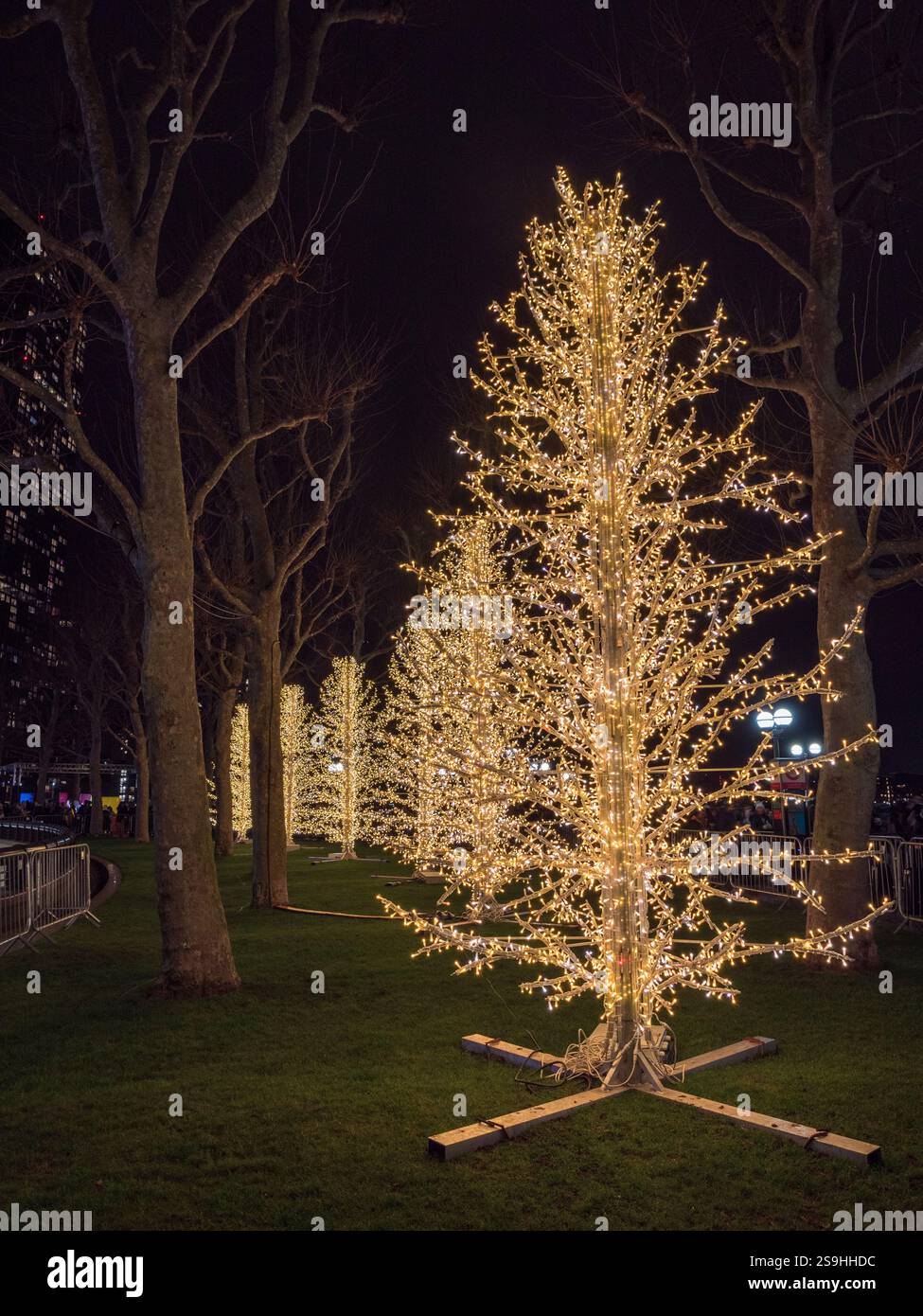 Line of trees of lights in Westferry Circus, Canary Wharf, London, UK ...