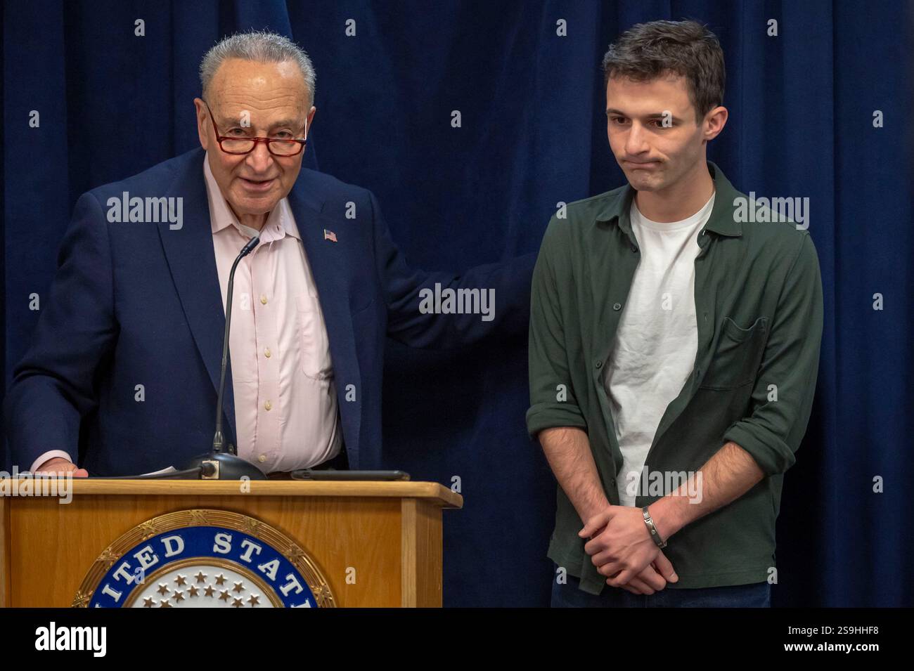 U.S. Senator Chuck Schumer (D-NY) standing with Cameron Kasky, a ...