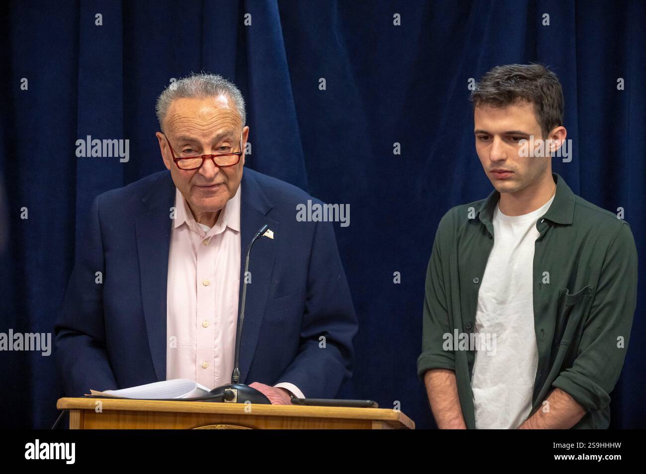 U.S. Senator Chuck Schumer (D-NY) standing with Cameron Kasky, a ...