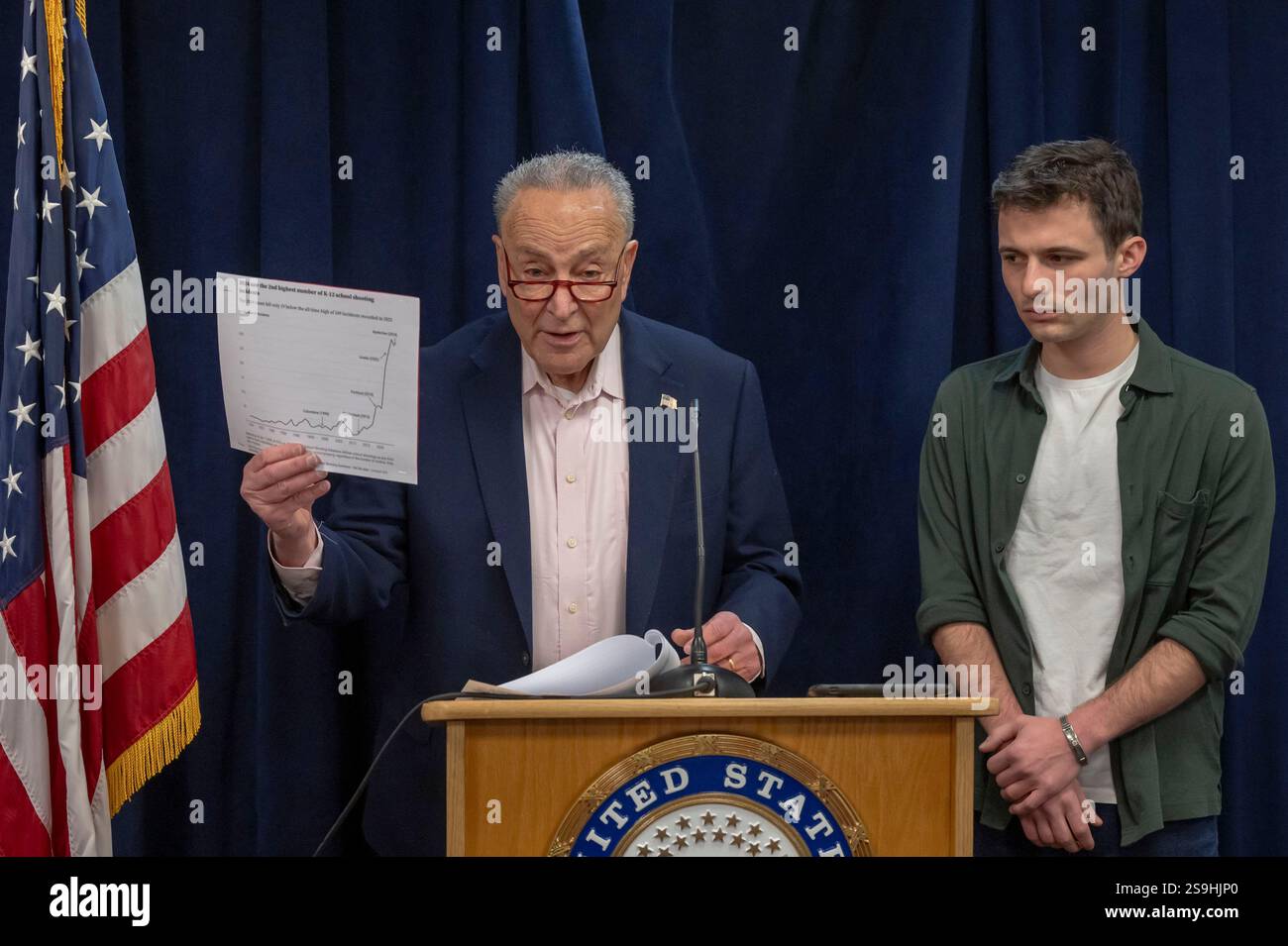 U.S. Senator Chuck Schumer (D-NY) standing with Cameron Kasky, a ...