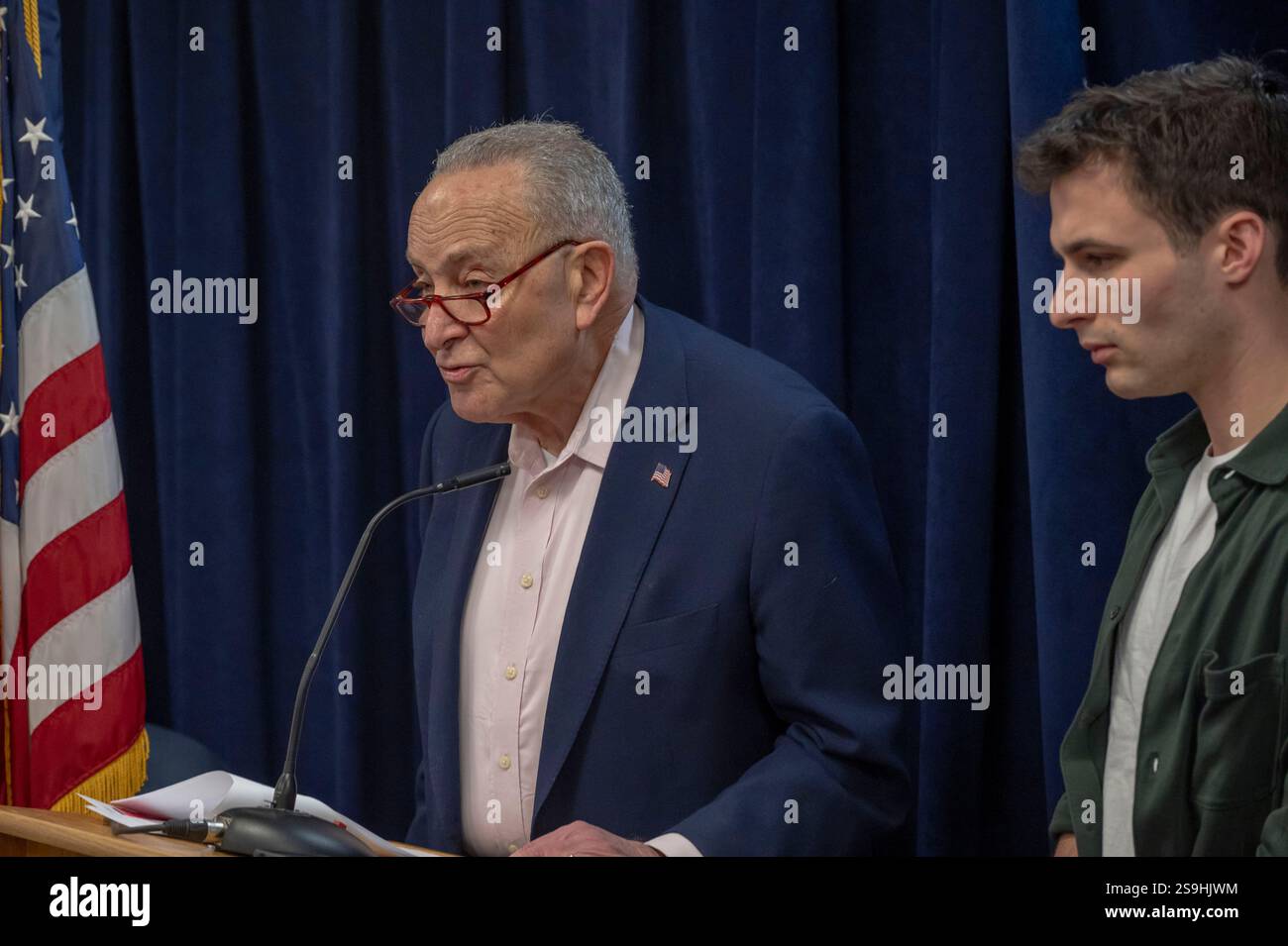 U.S. Senator Chuck Schumer (D-NY) standing with Cameron Kasky, a ...