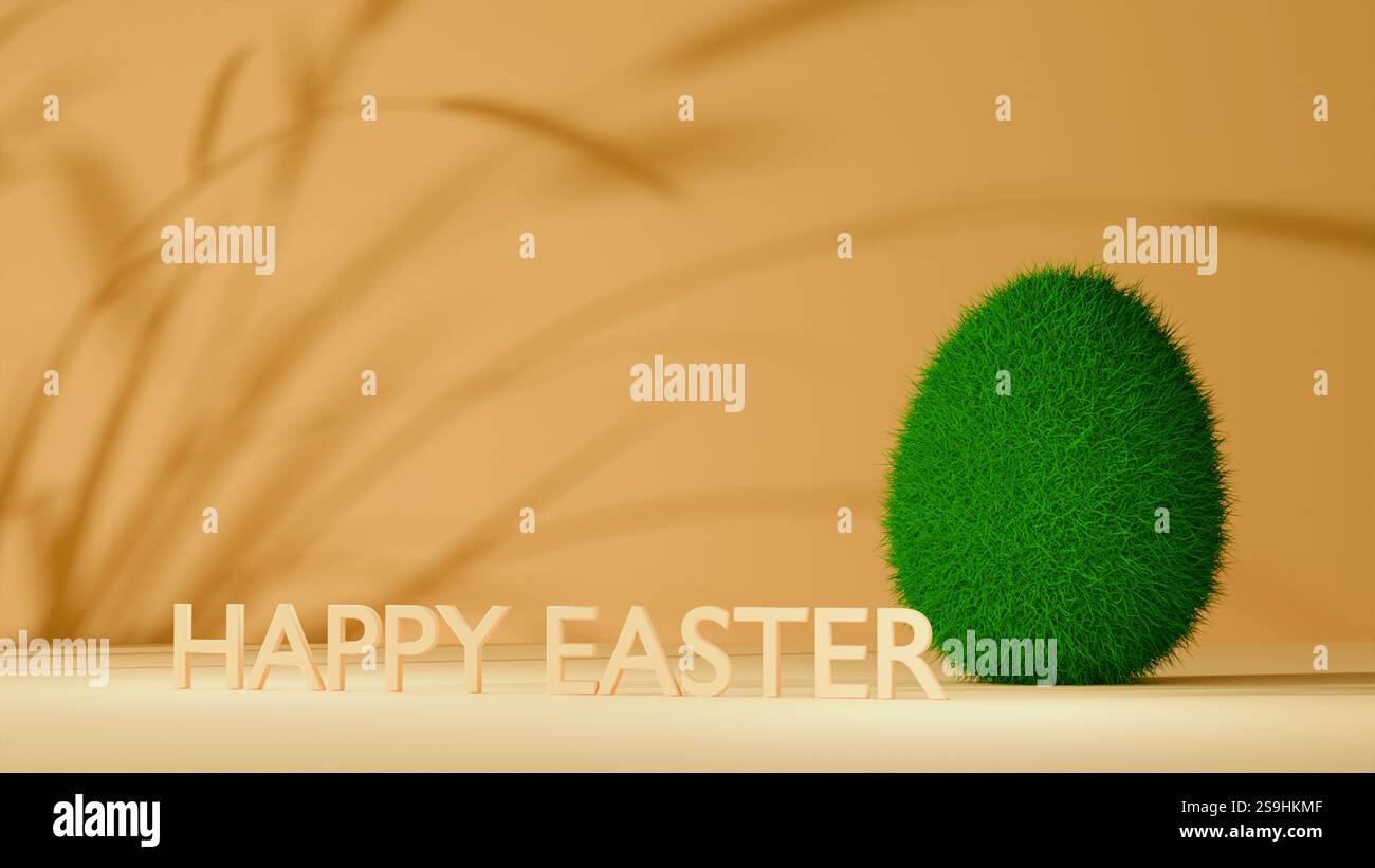 3D single grass egg and Happy Easter text on beige background with ...