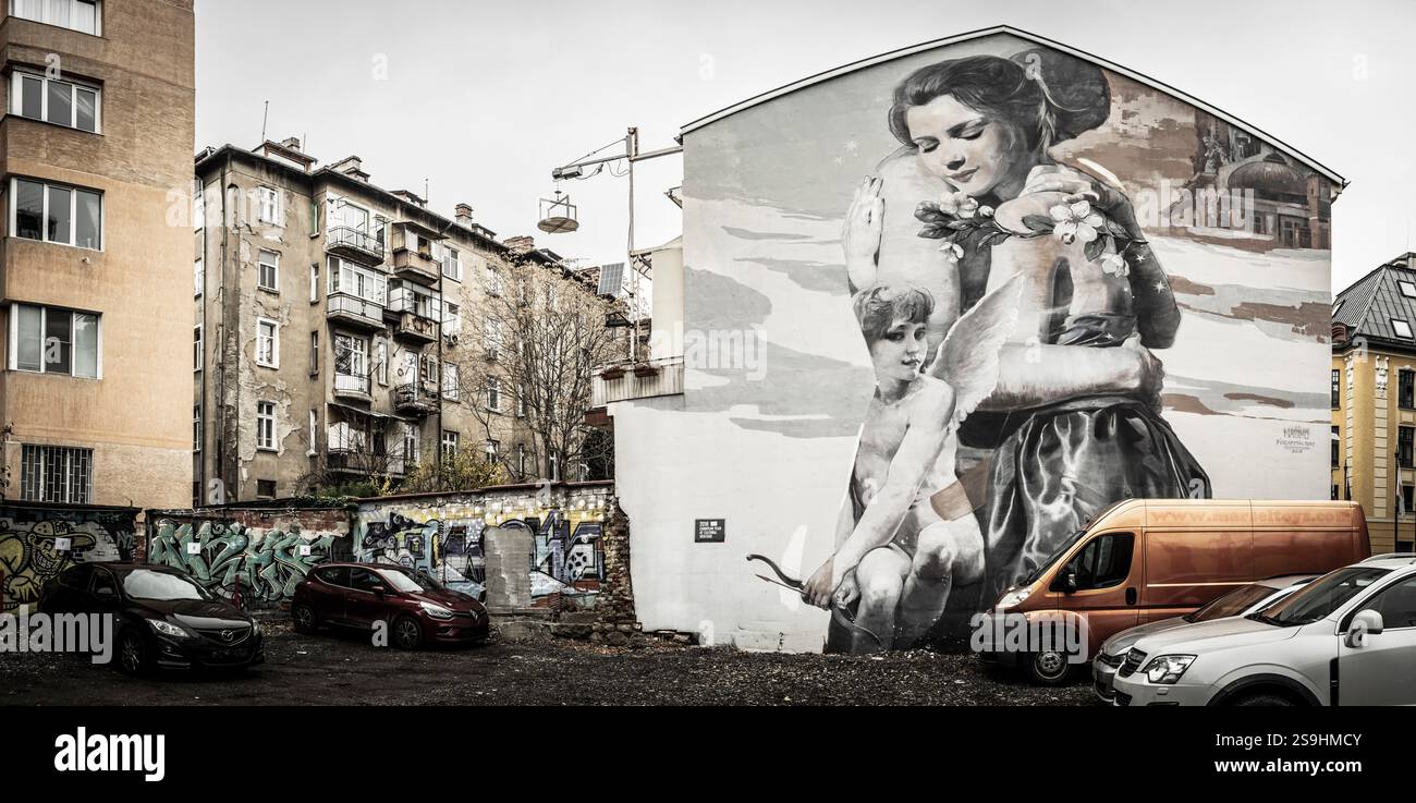 Street art Mural graffiti The Hug by Nasimo , Sofia Graffiti Tour, Sofia, Republic of Bulgaria ...