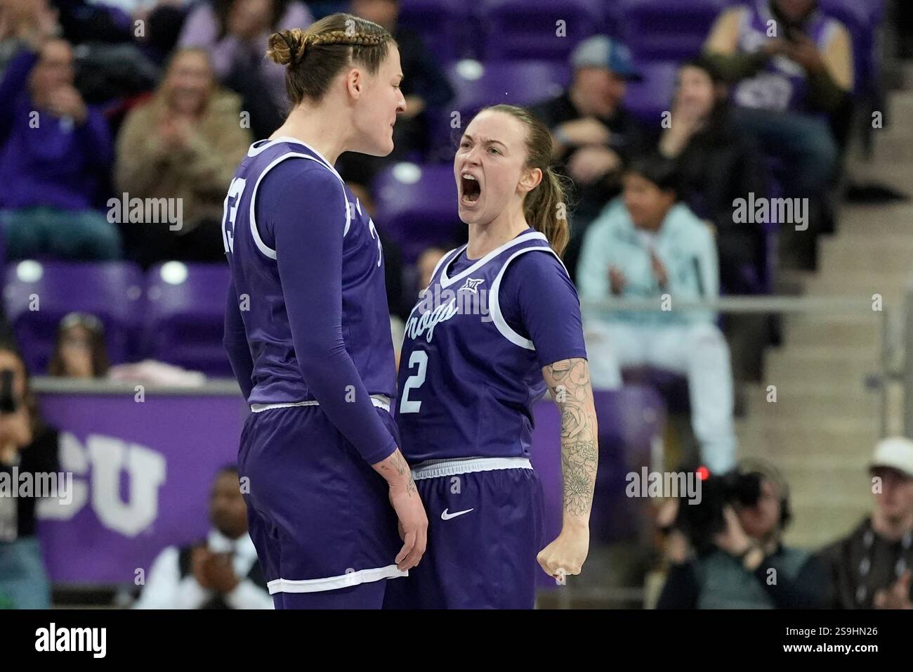 TCU guard Madison Conner (2) yells after scoring with center Sedona ...