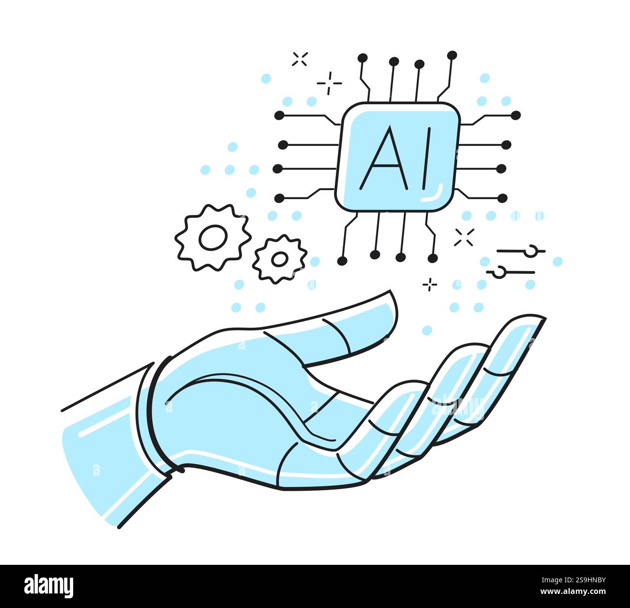 Humanoid robot hand and electronic computer processor. Artificial intelligence. Robotics concept ...