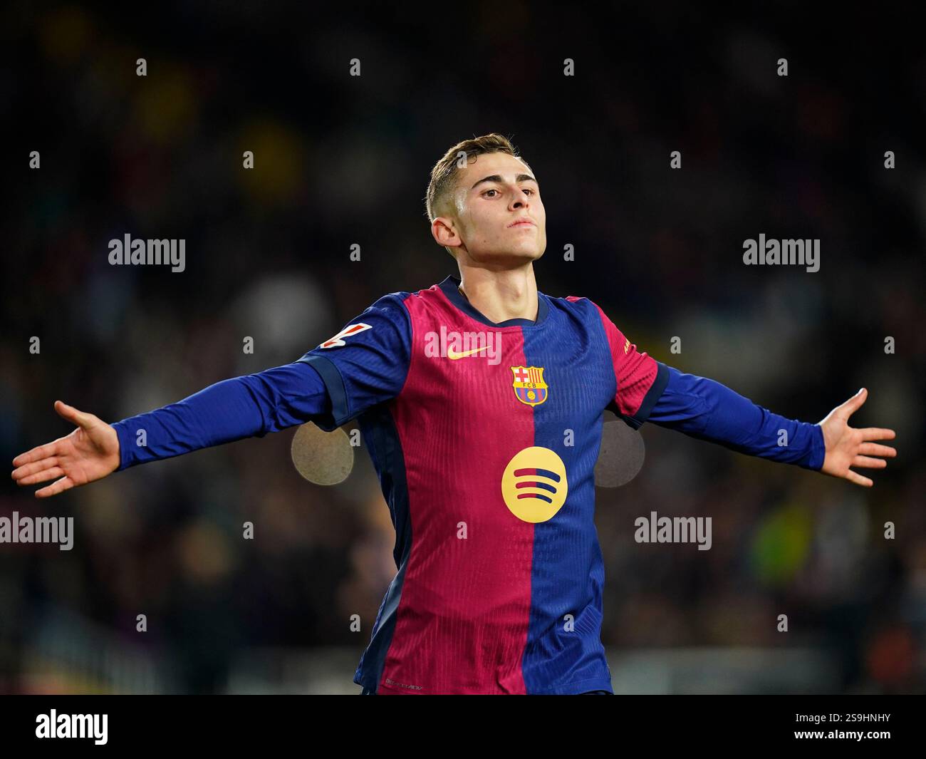 Fermin Lopez of FC Barcelona celebrates the 5-0 during the La Liga EA ...