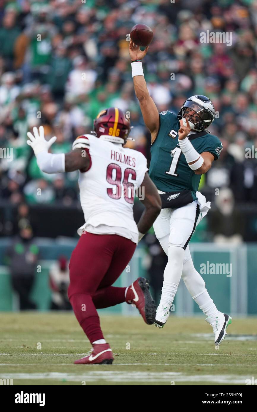 Philadelphia Eagles quarterback Jalen Hurts (1) throws a pass as ...