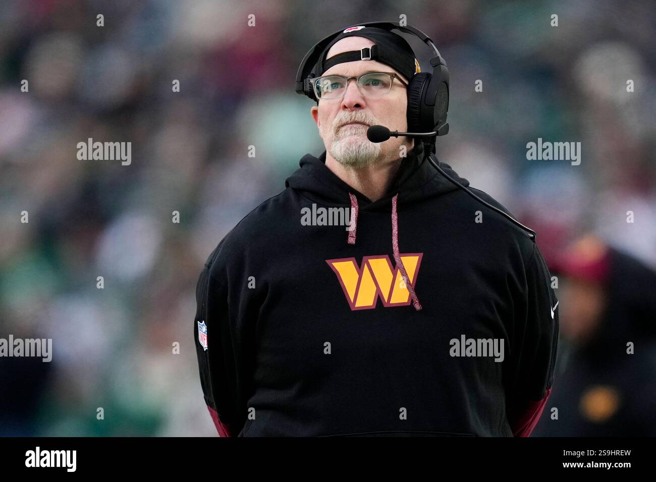 Washington Commanders head coach Dan Quinn watches during the first ...