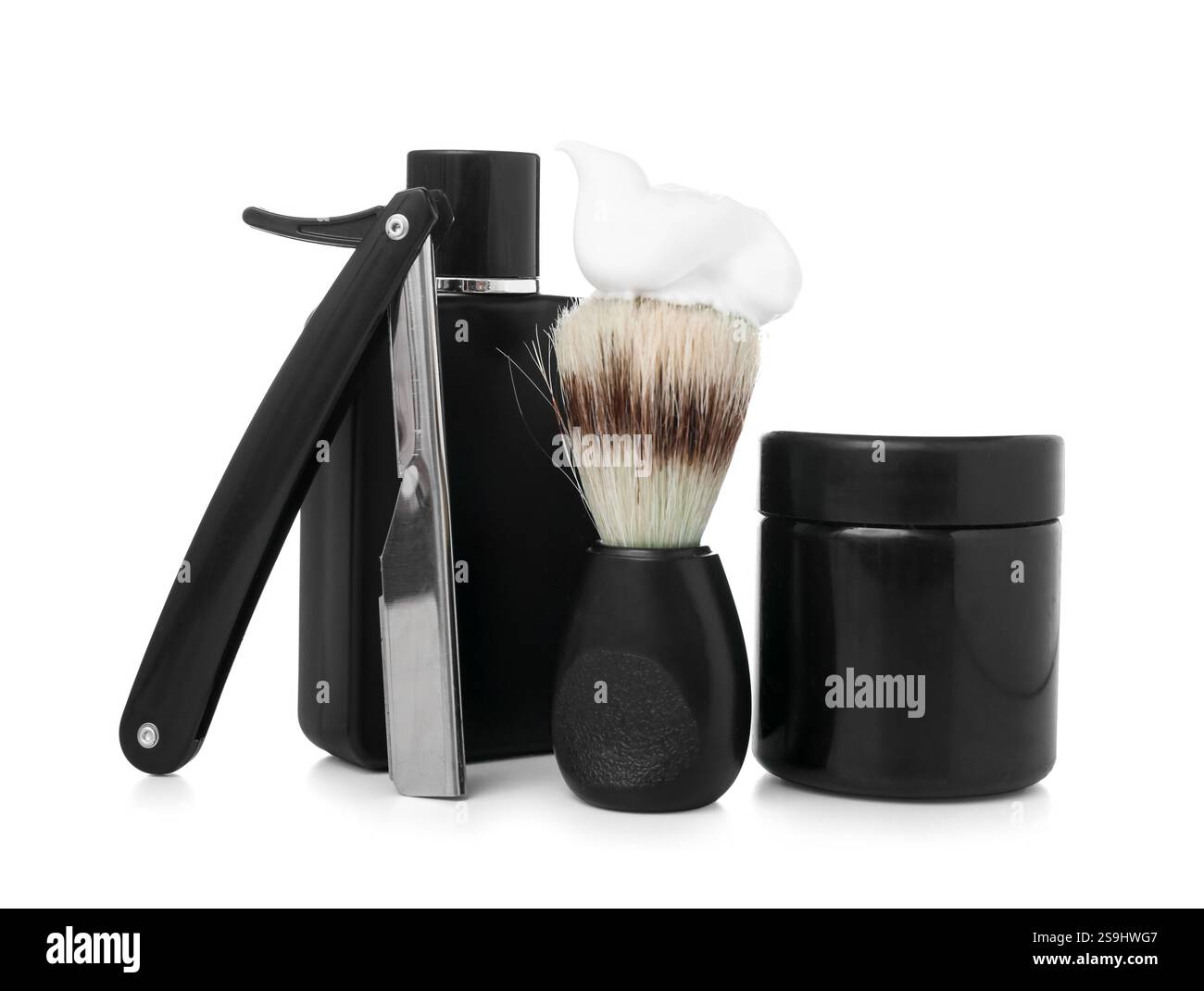 Set of men's shaving accessories on white background Stock Photo - Alamy
