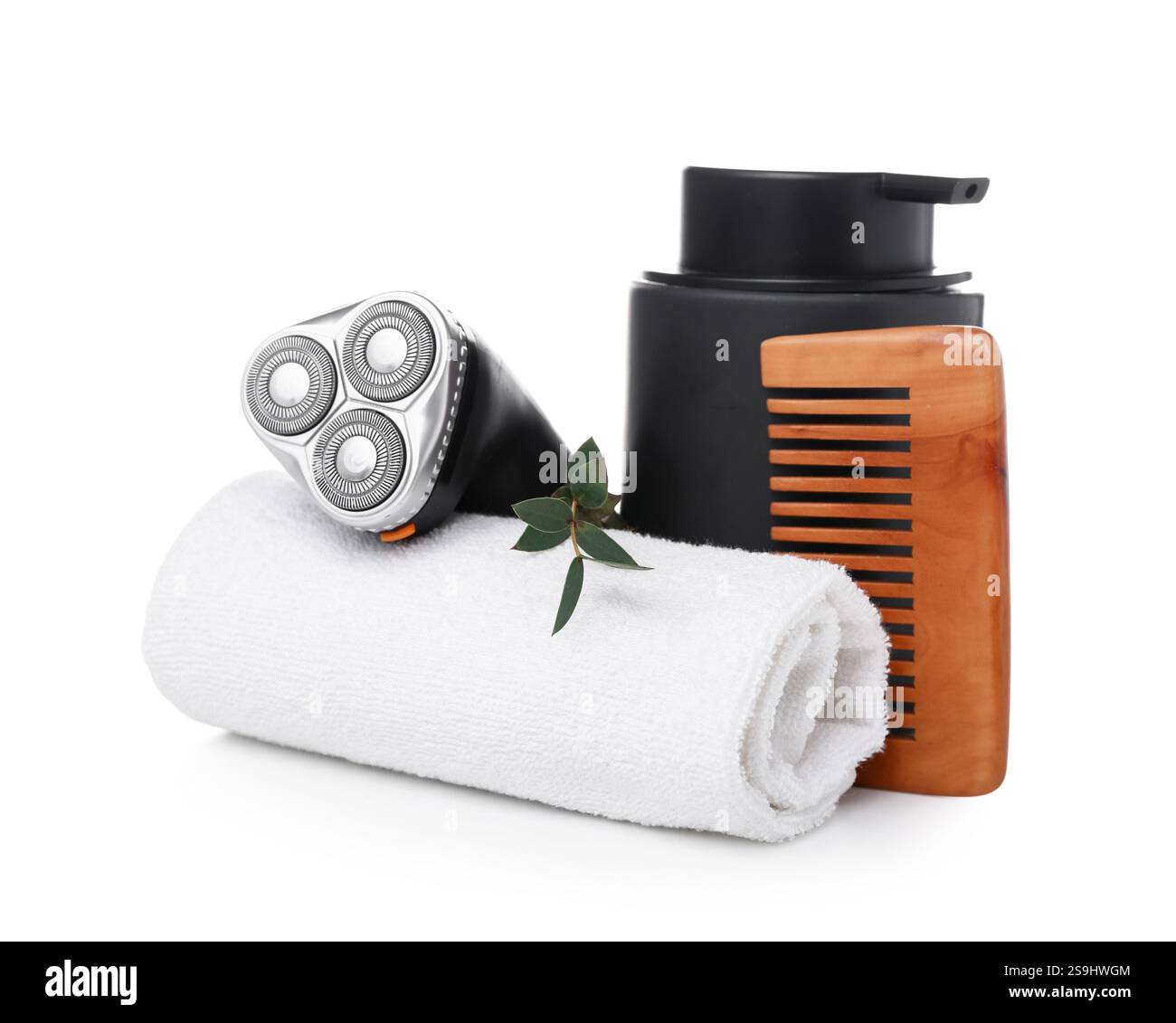 Set of men's shaving accessories with eucalyptus branch on white ...