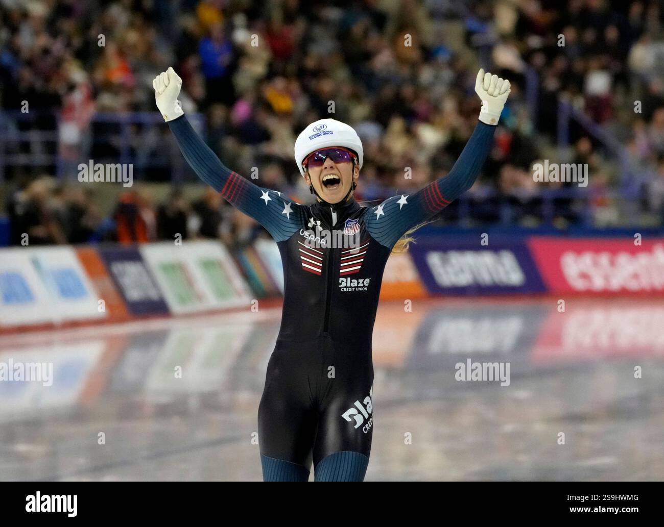 United States' Greta Myers reacts after winning the women's mass start ...