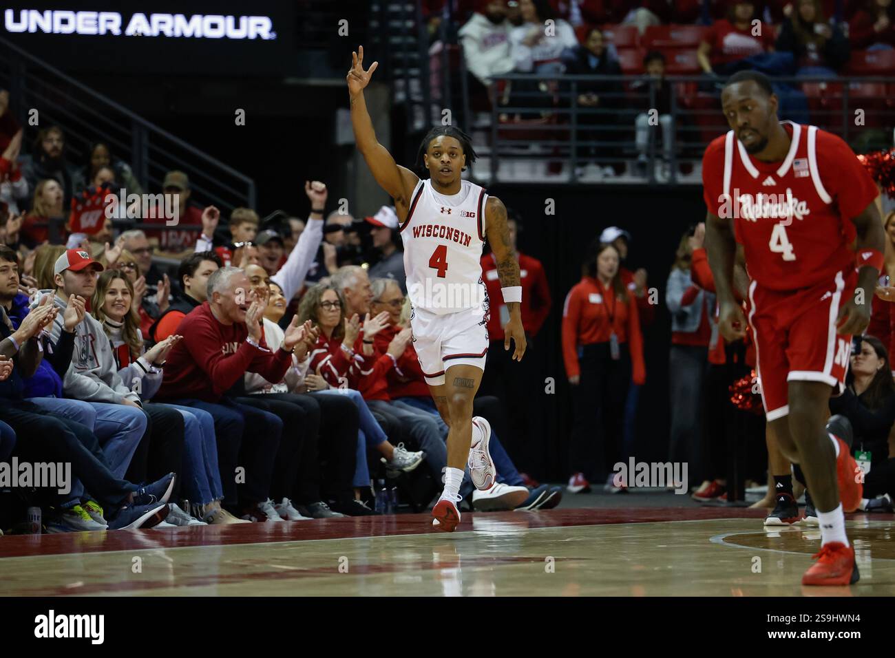 January 26, 2025: Wisconsin Badgers guard Kamari McGee (4) celebrates ...
