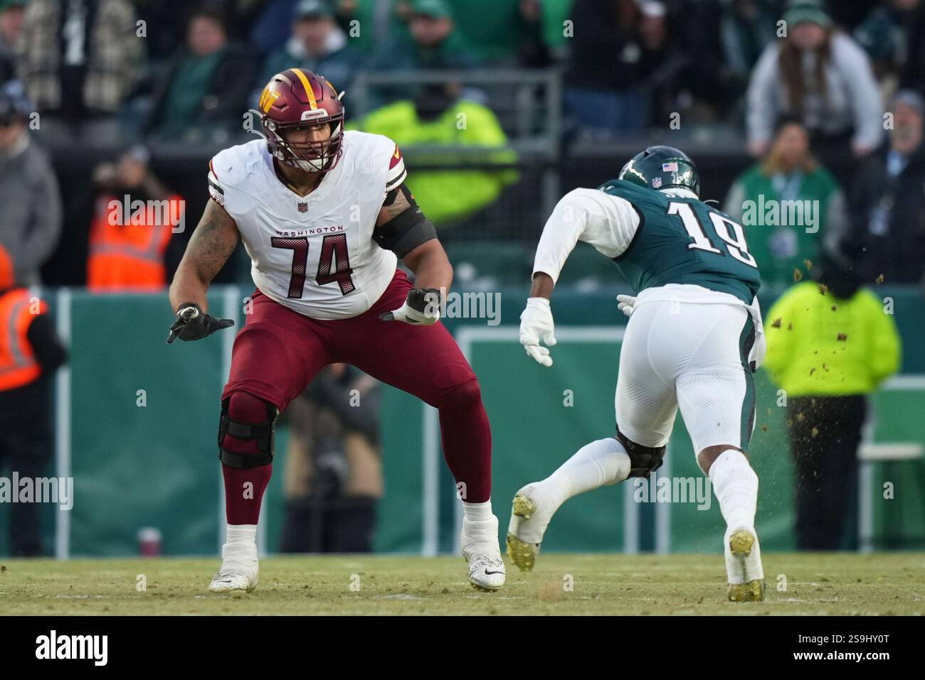 Washington Commanders offensive tackle Brandon Coleman blocks against ...