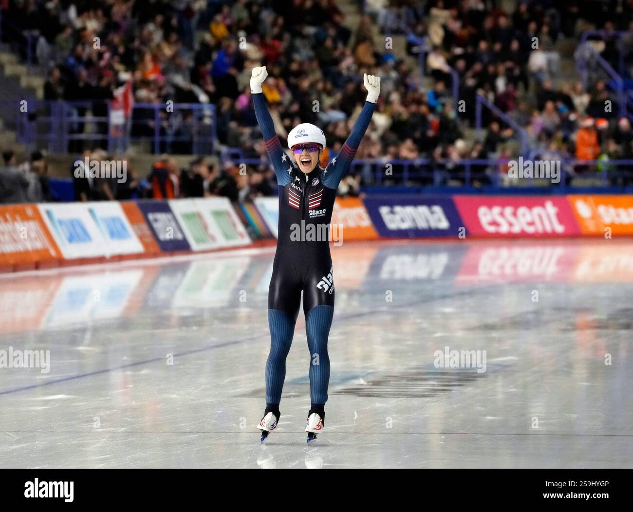 Speed skater Greta Myers of the United States reacts to winning the ...