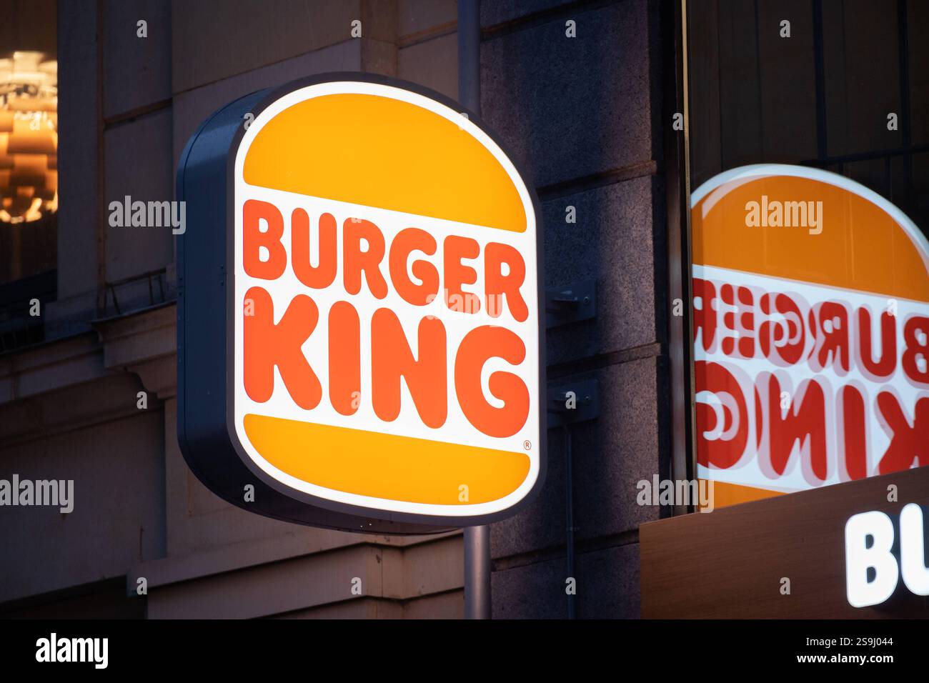 A Burger King logo is seen on the facade of a restaurant in Copenhagen ...
