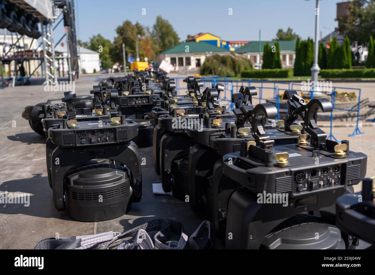 Concert lighting equipment awaits installation on stage, showcasing the ...