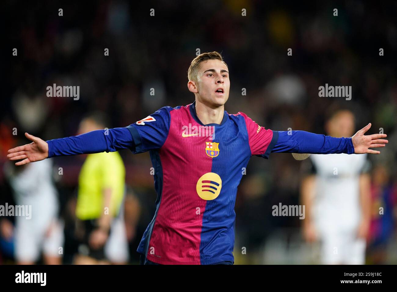 Fermin Lopez of FC Barcelona celebrates the 5-0 during the La Liga EA ...