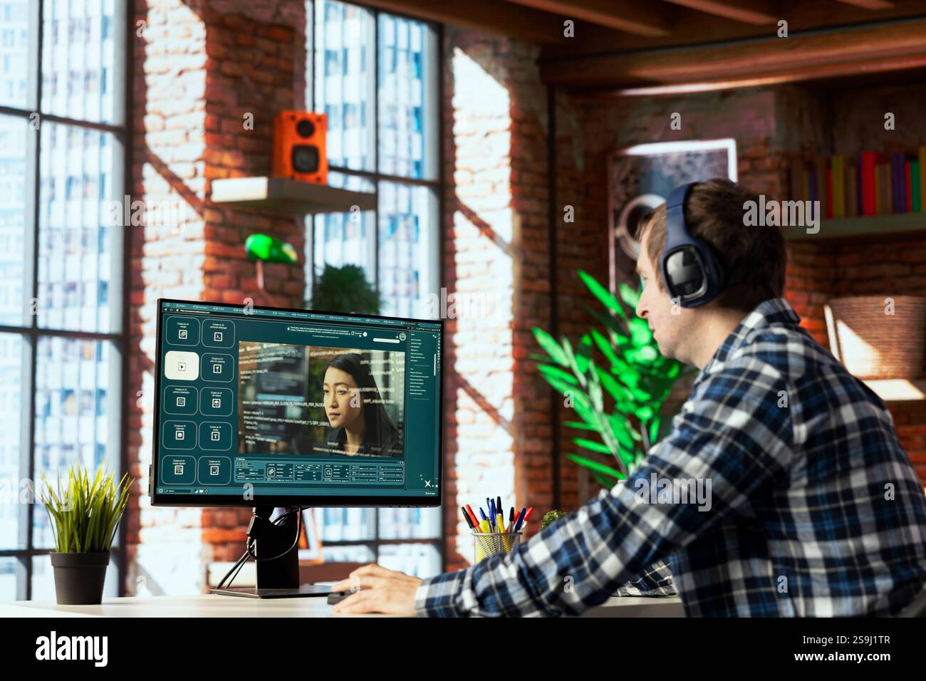 Person in home office uses generative artificial intelligence GPT with image understanding ...