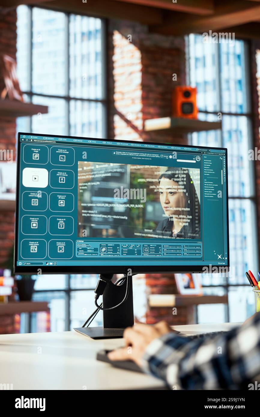 Man sitting at PC using artificial intelligence converting text commands into video output ...
