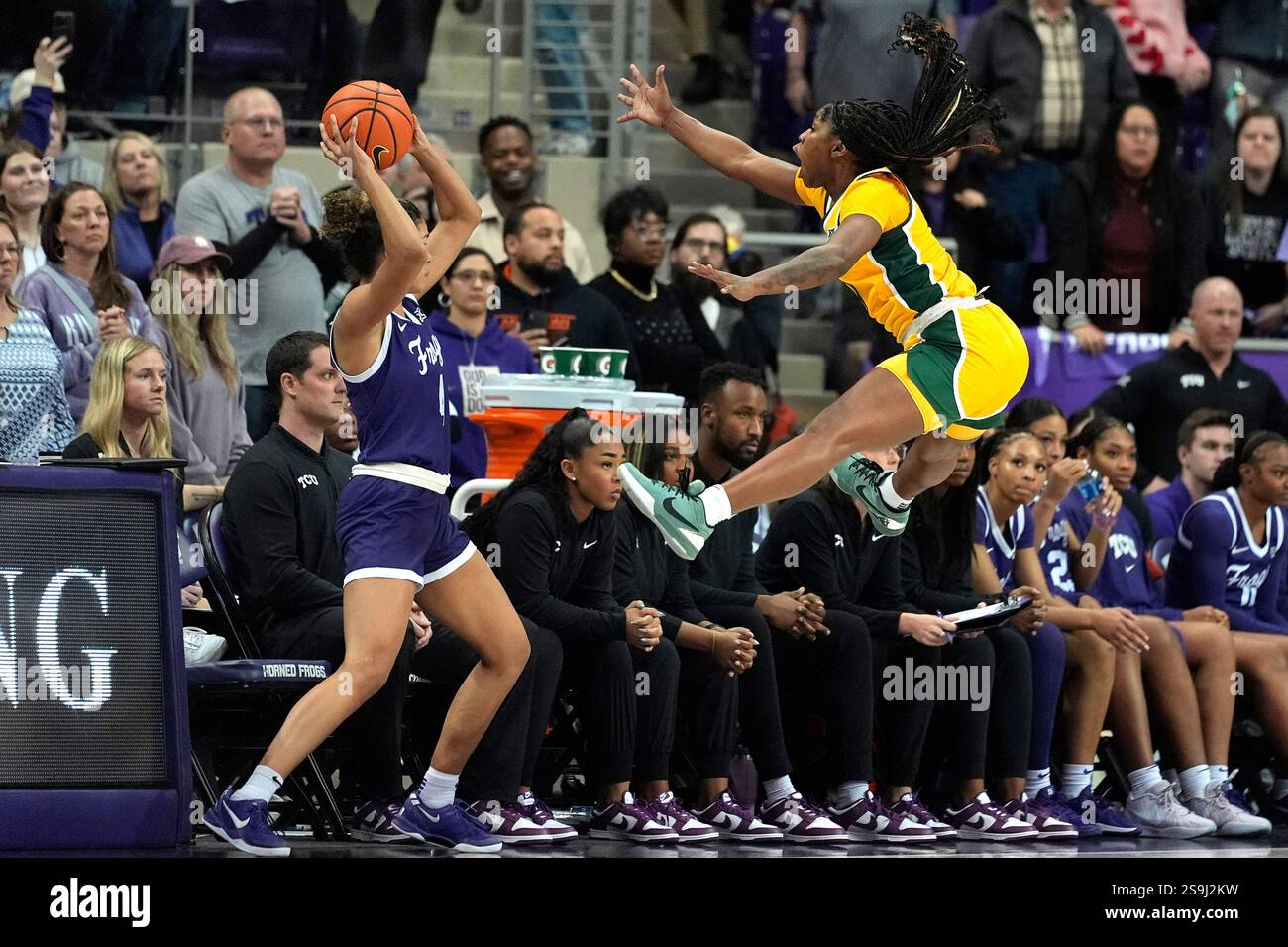 Baylor guard Aliyah Matharu, right, jumps to defend against an inbound ...