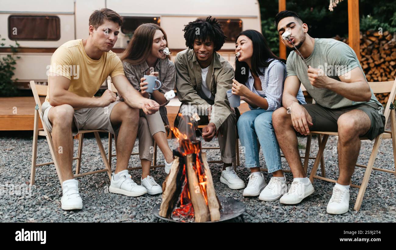Cool young diverse friends having outdoor picnic near RV, frying ...