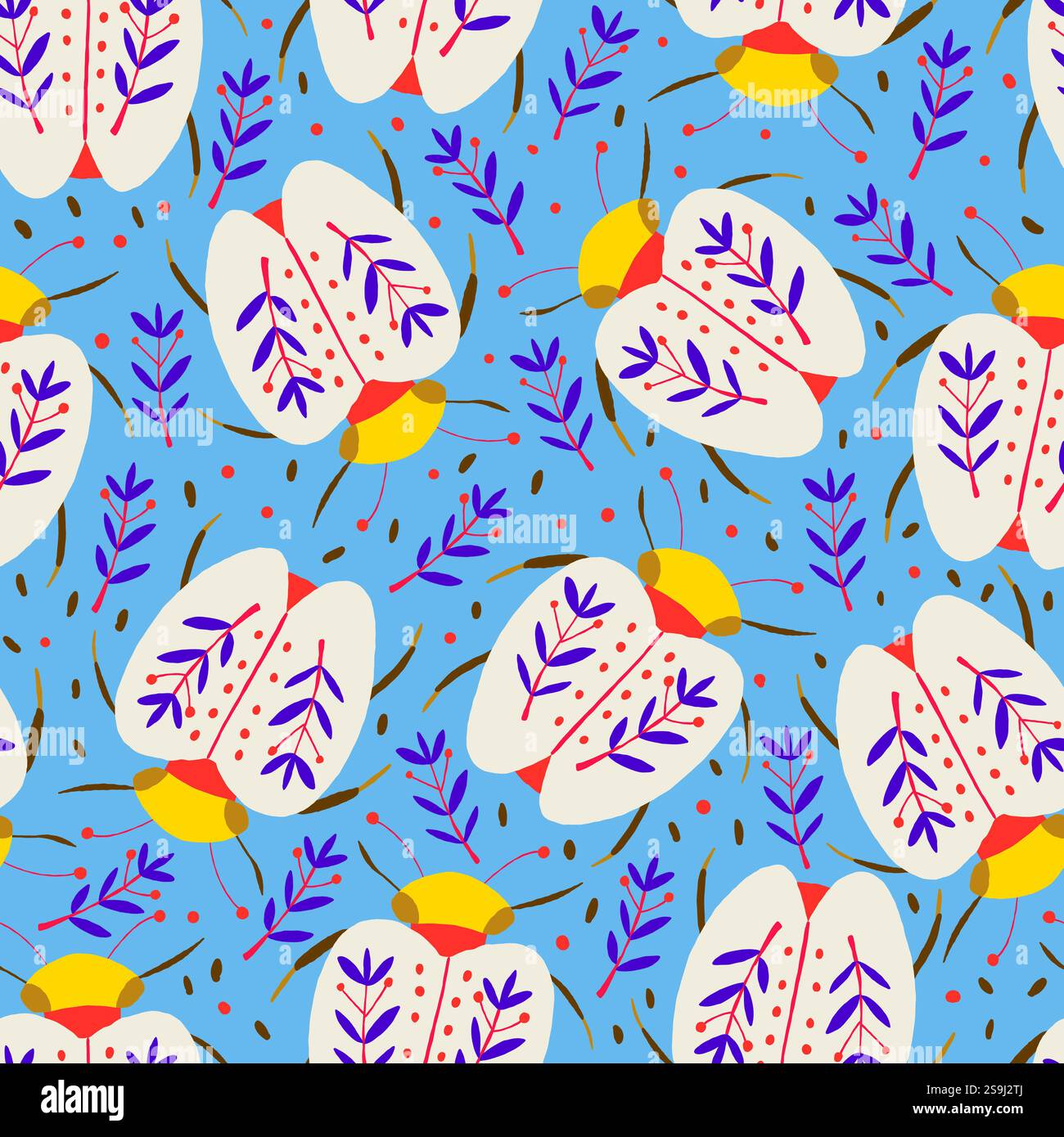 Stylish minimalistic pattern featuring white and yellow bugs with ...