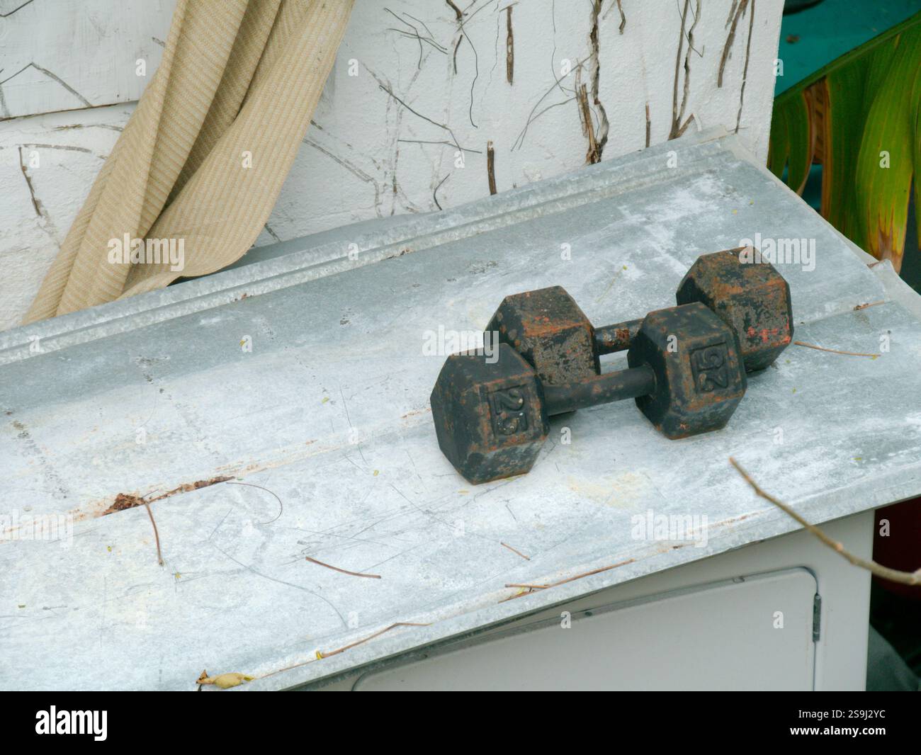 Old weathered black rusty 25# hex dumbbell on top of a aluminum roof ...