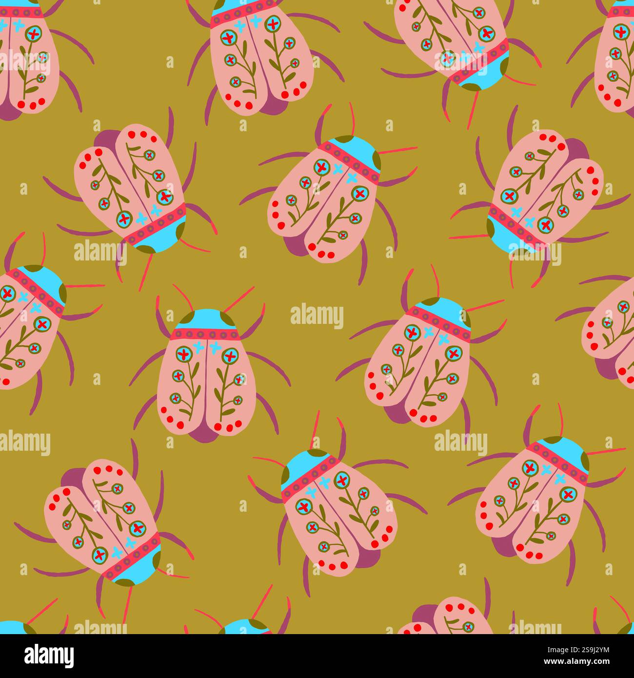 Stylish pattern featuring bugs with floral elements on a golden, yellow ...