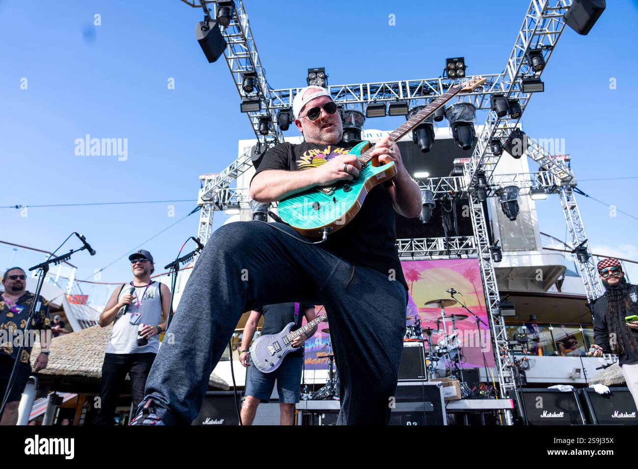 Festivalgoers are seen during the Kramer Guitars 30 Seconds to Shred Competition on board the ...