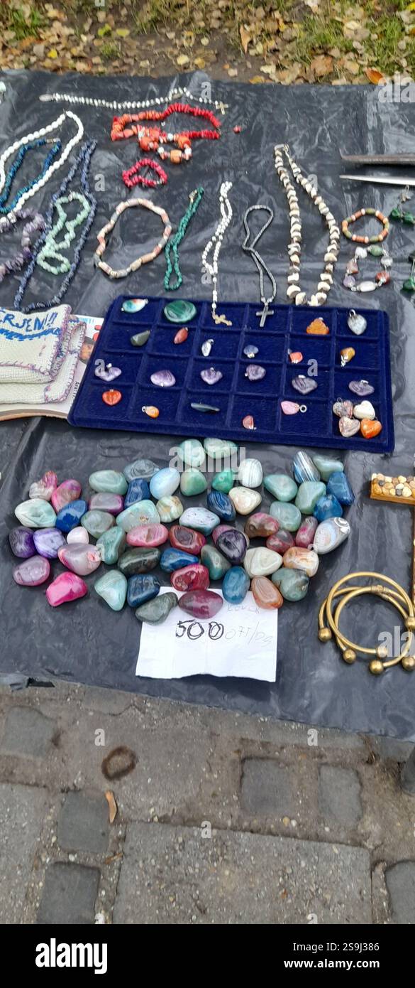 Europe antique market, stall at flea market : colorfull crystal humble ...