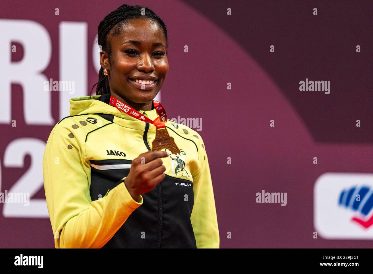 Thalya Sombe (FRA) female kumite -68Kg podium during the Paris Open ...