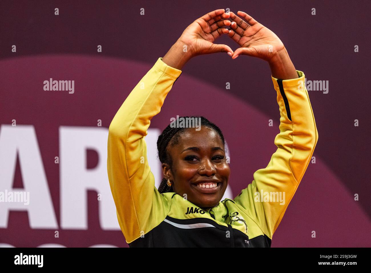 Thalya Sombe (FRA) female kumite -68Kg podium during the Paris Open ...